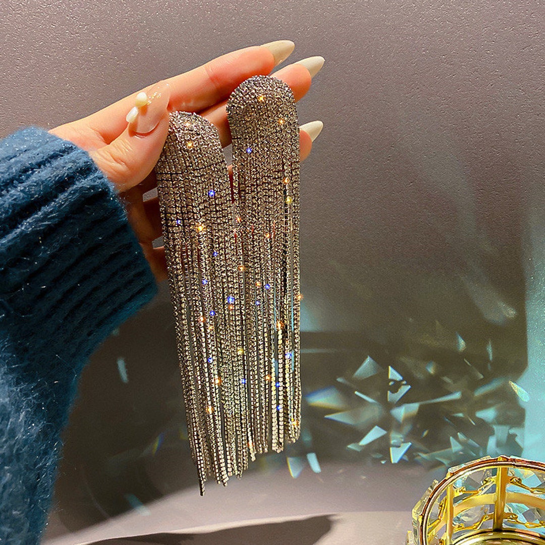 Elegant Rhinestone Long Earrings, Extra Long Tassel Drop Earrings ...