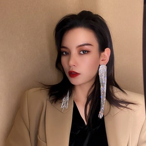 Elegant Rhinestone Long Earrings, Extra Long Tassel Drop Earrings ...