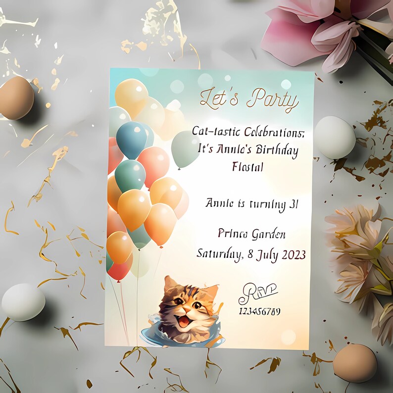 Cat Theme Birthday Invitation, Printable Birthday Invitation, Cute Cat ...