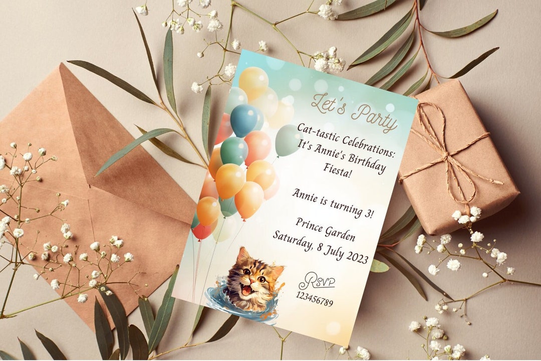 Cat Theme Birthday Invitation, Printable Birthday Invitation, Cute Cat ...