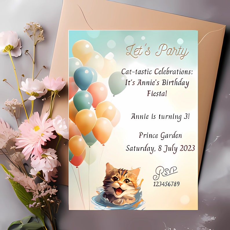 Cat Theme Birthday Invitation Printable Birthday Invitation - Etsy