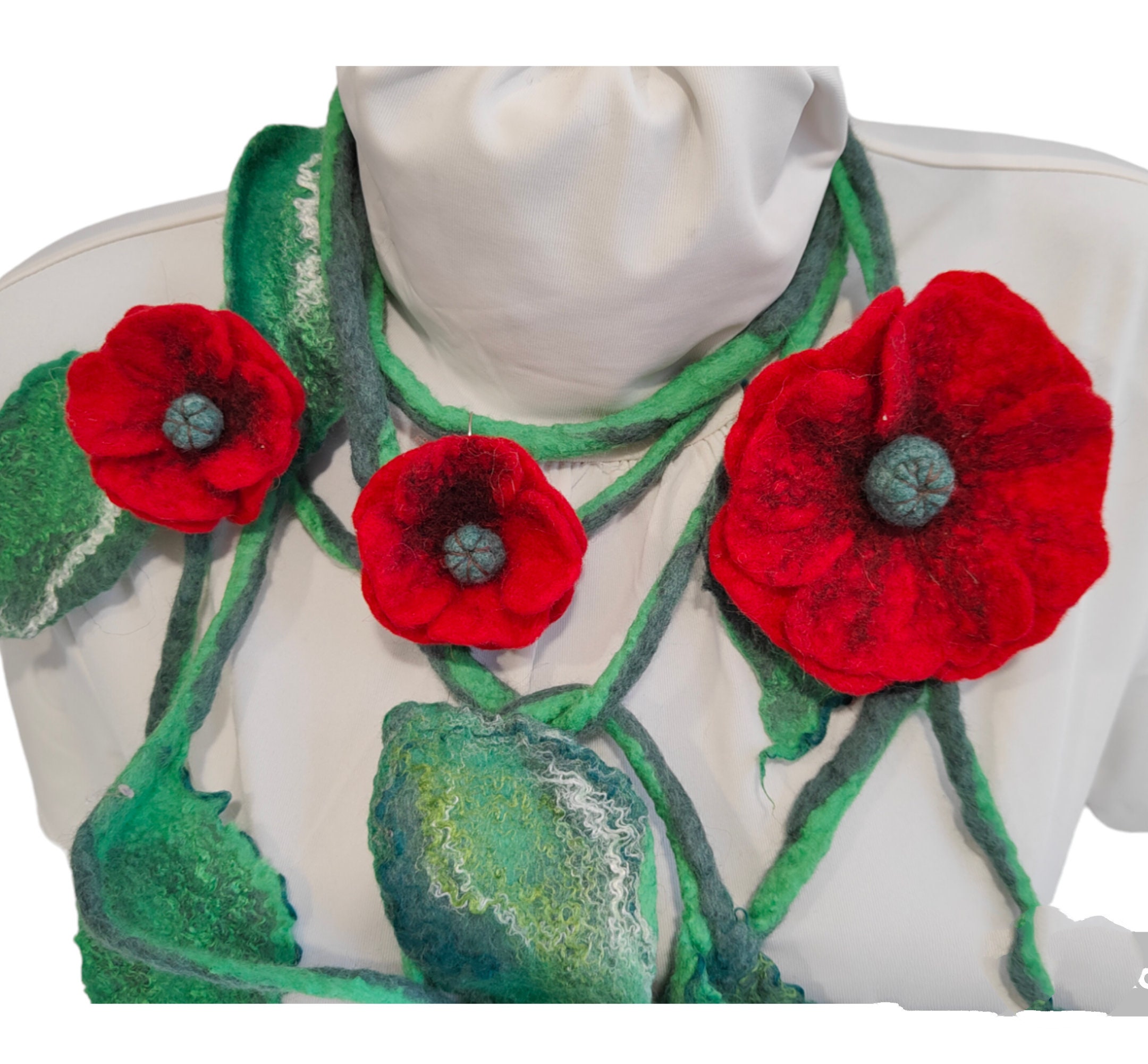 Red Felted Wool Necklace, Felt Flowers Scarf Women, Felted Flower ...