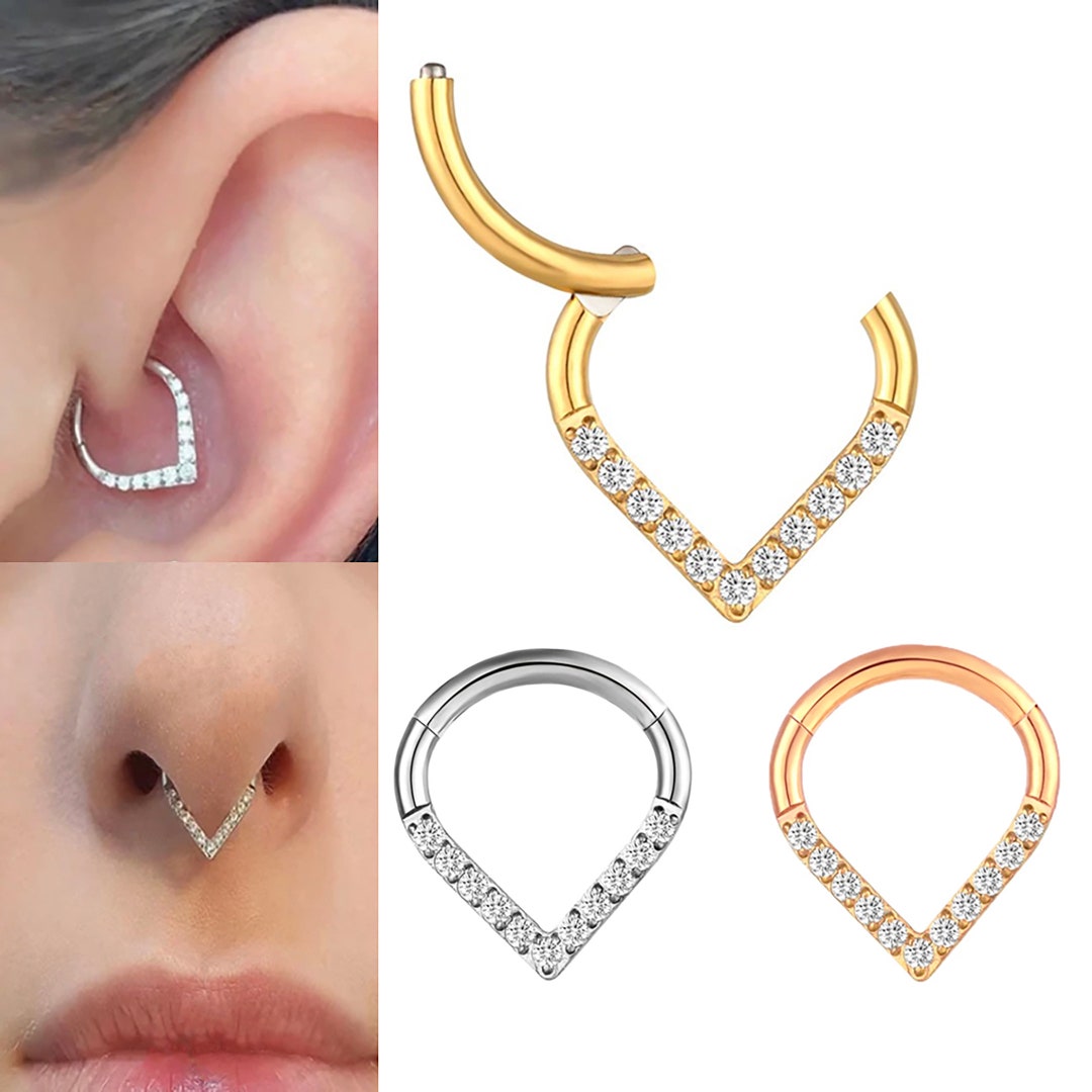 16g Waterdrop Teardrop V Shape Nose Ring Hinged Clicker Septum Tragus ...