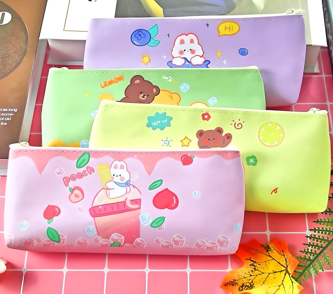 Cute Pencil Case Kids PU Leather Pencil Case Cute Bunny Kawaii Bear ...