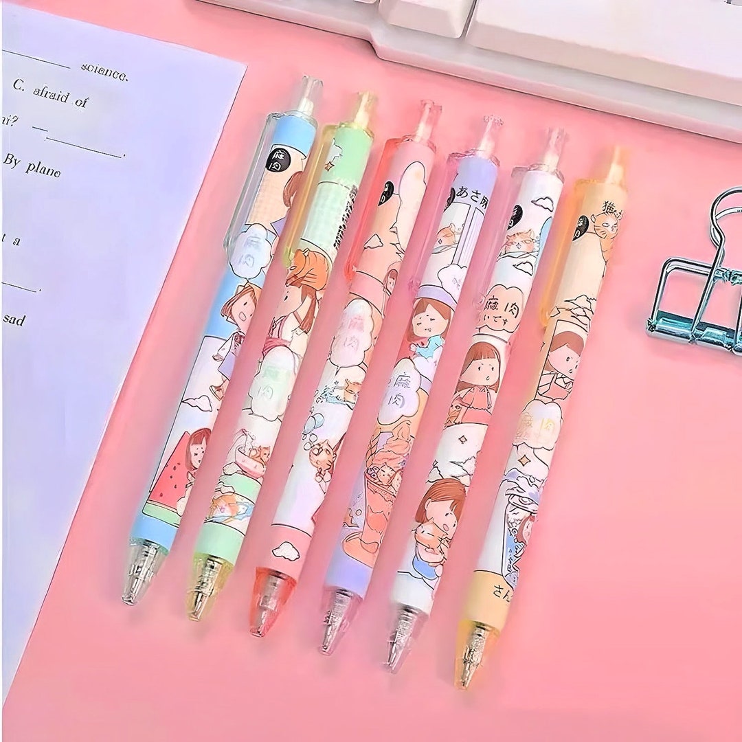 6pcs Cute Pens Set, Cartoon Girl Kawaii Stationery, 0.5mm Black Gel Ink ...