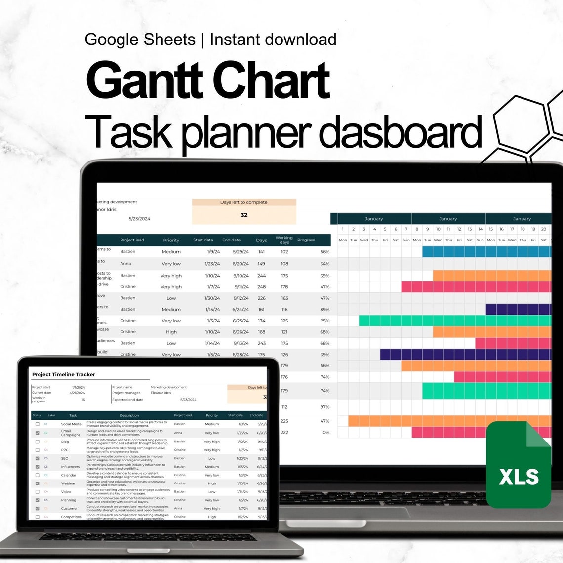 Gantt Chart for Google Sheets Excel Spreadsheet Project Planner Project ...
