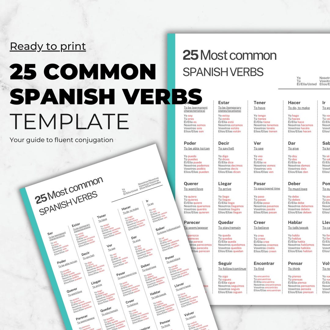 25 Most Common Spanish Verbs Conjugation Template | A4 and PDF to Print ...