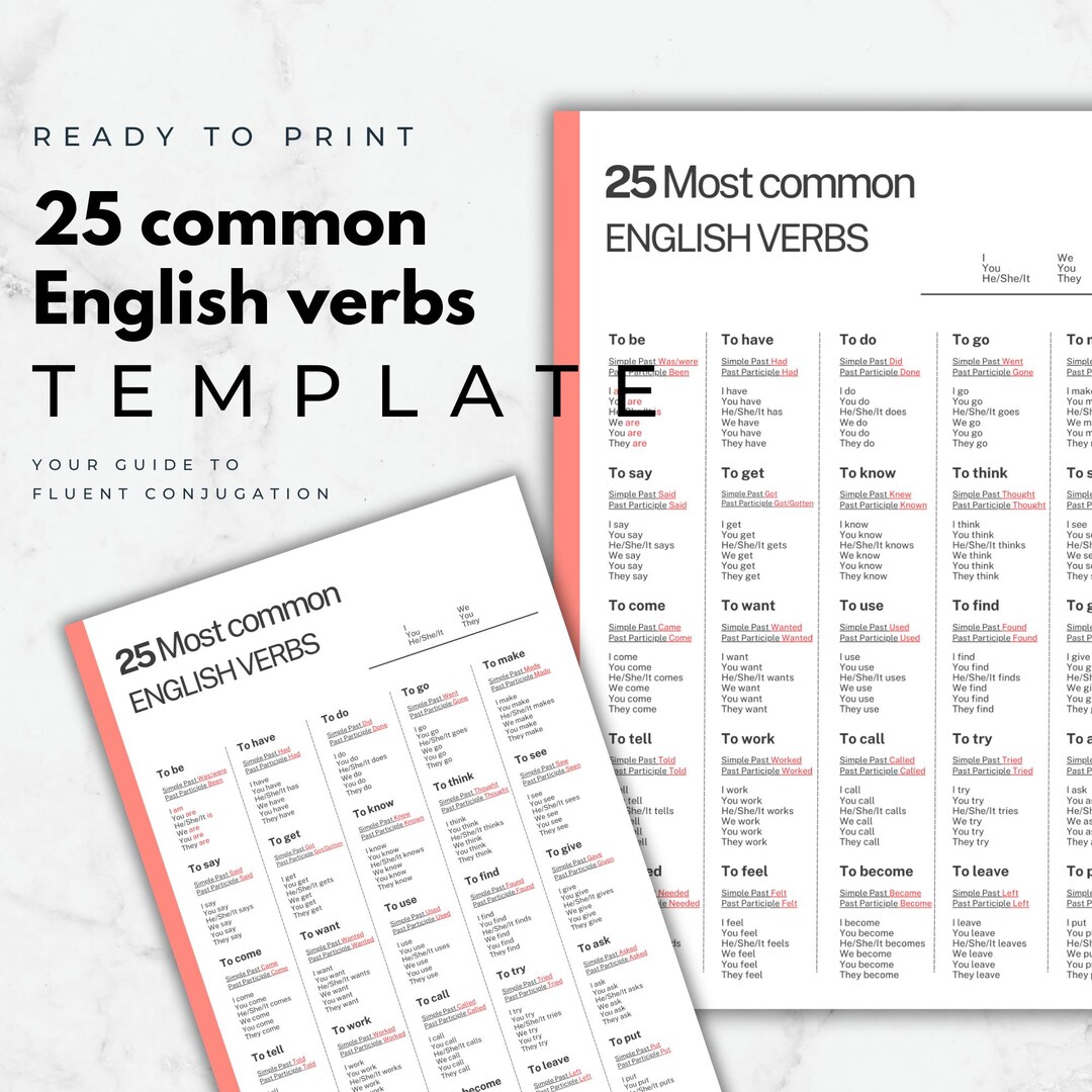 25 Most Common English Verbs Conjugation Template | A4 and PDF to Print ...