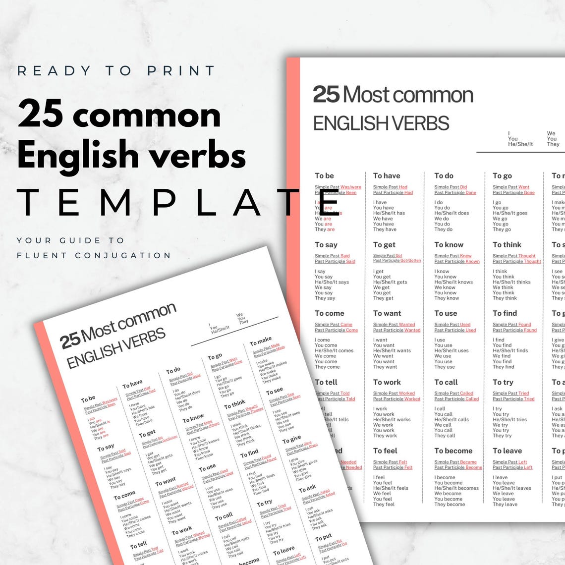 25 Most Common English Verbs Conjugation Template | A4 and PDF to Print ...