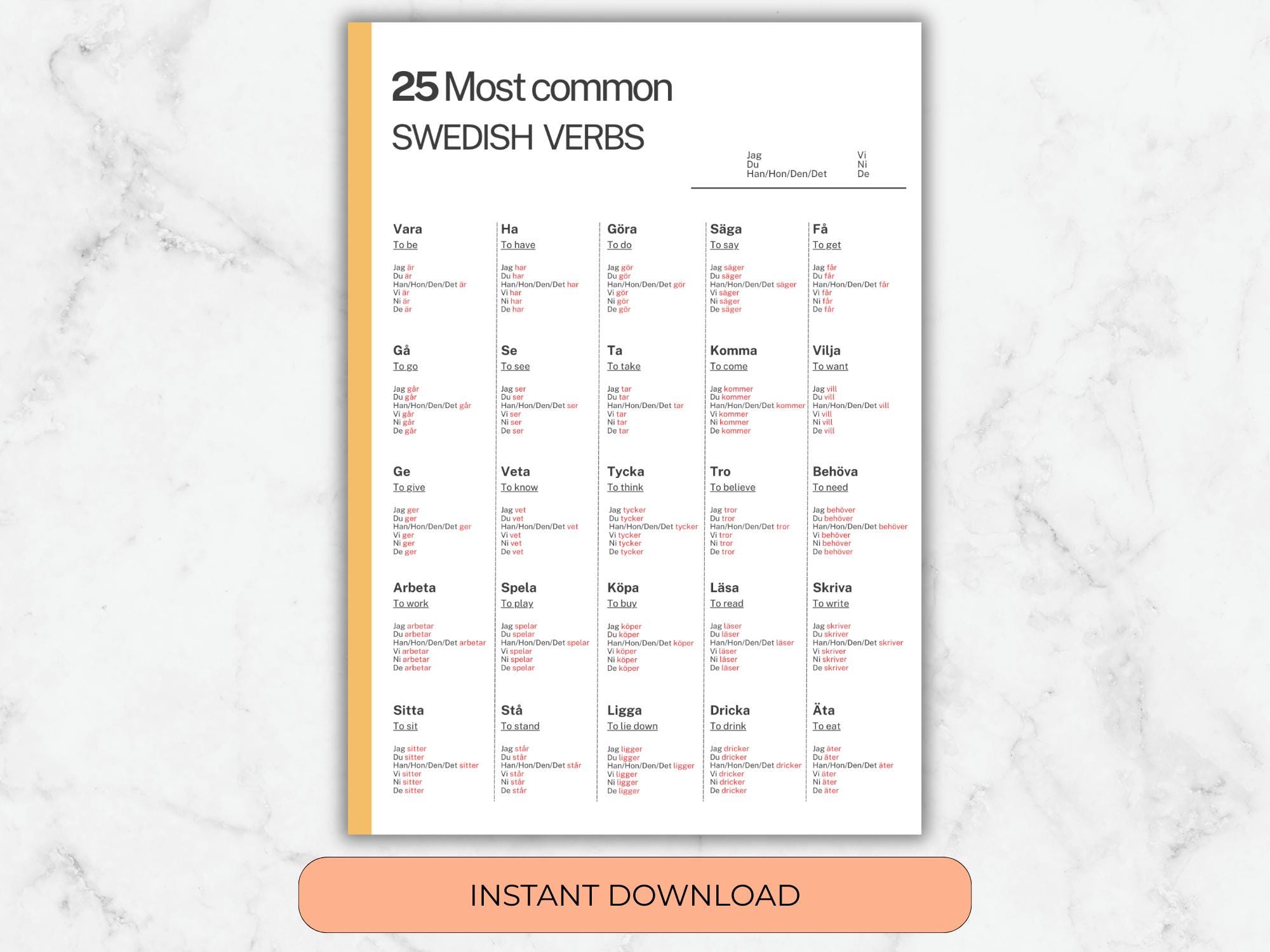 Common Swedish Verbs List | Printable PDF Language Cheat Sheet | Study ...
