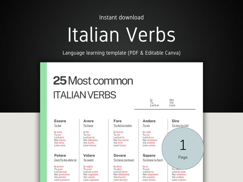 Italian Verb Conjugation Chart: Language Learning Study Guide (PDF ...