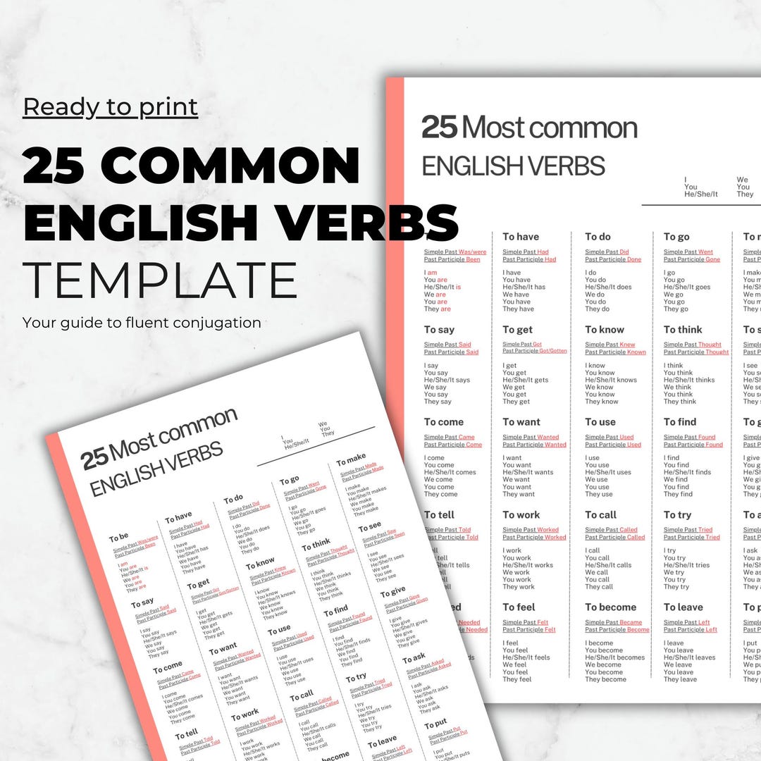 25 Most Common English Verbs Conjugation Template | A4 and PDF to Print ...