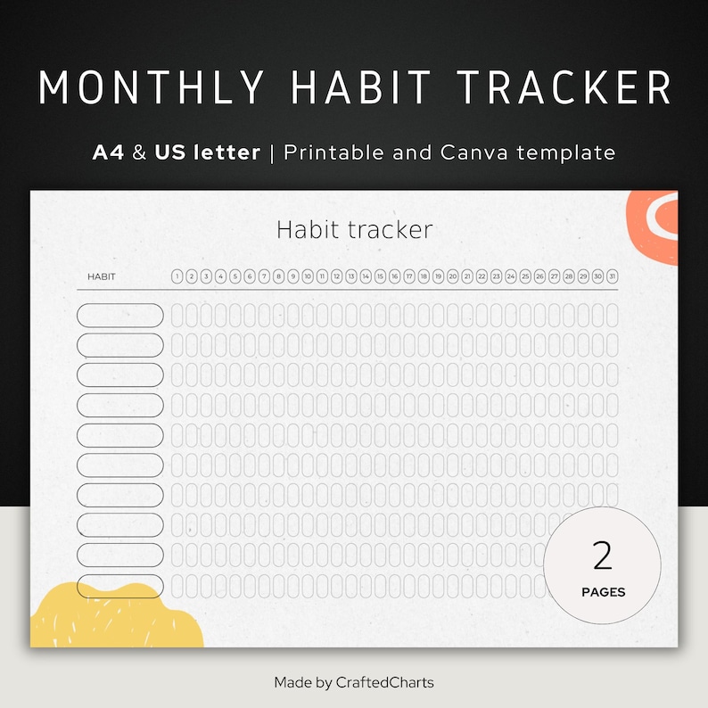 Printable Monthly Habit Tracker: 30-day Challenge, A4 & US Letter ...