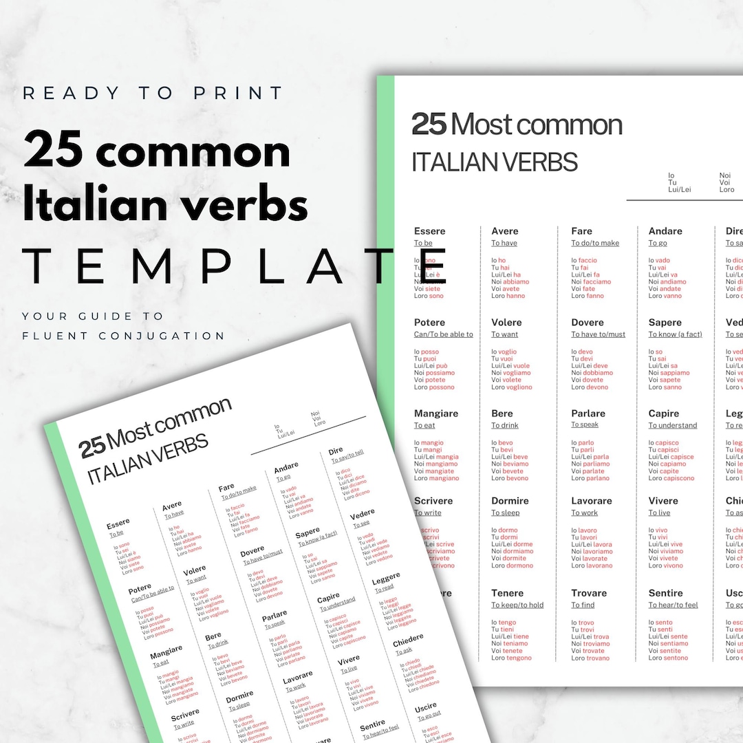 25 Most Common Italian Verbs Conjugation Template, Printable PDF With ...
