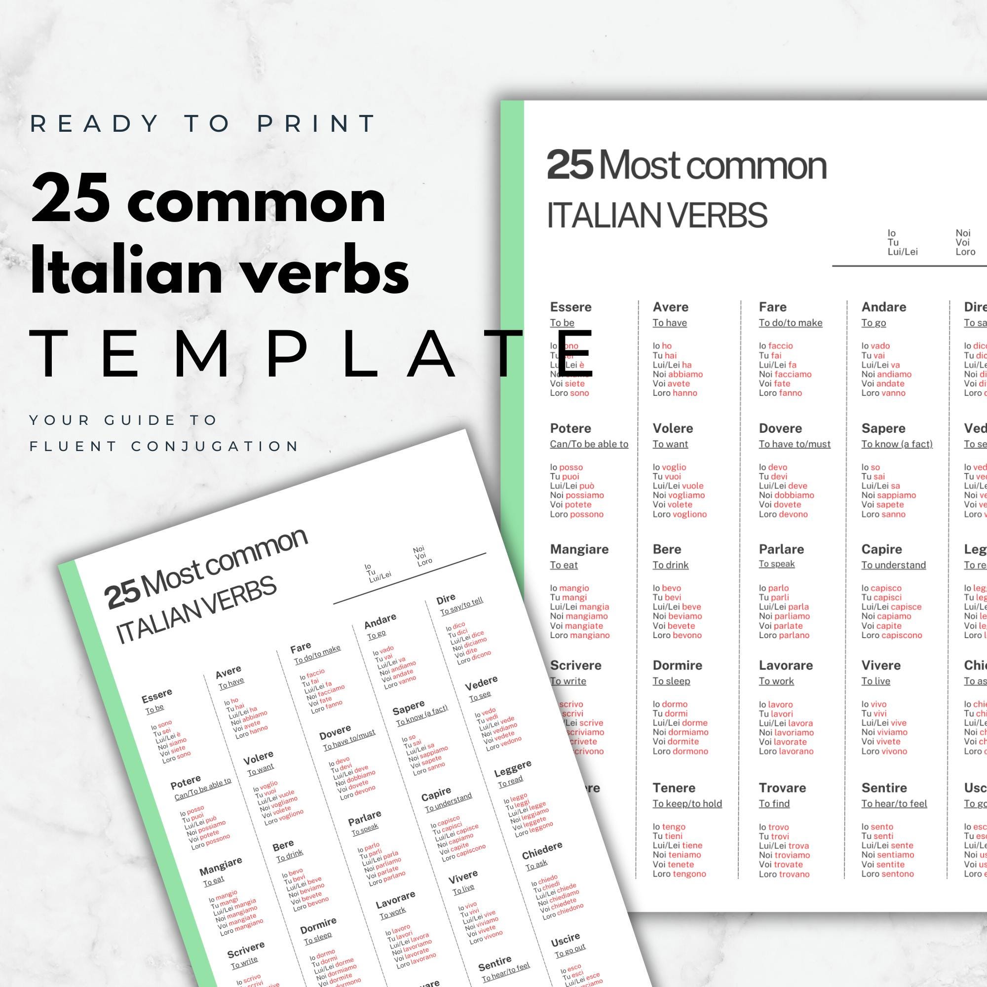 25 Most Common Italian Verbs Conjugation Template, Printable PDF With ...