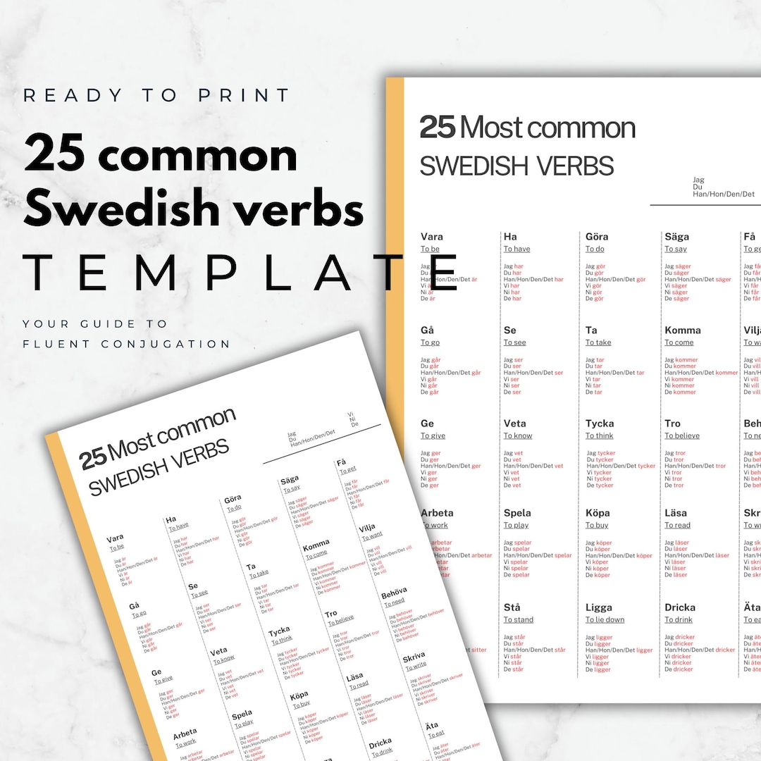 25 Most Common Swedish Verbs Conjugation Template, Printable PDF With ...