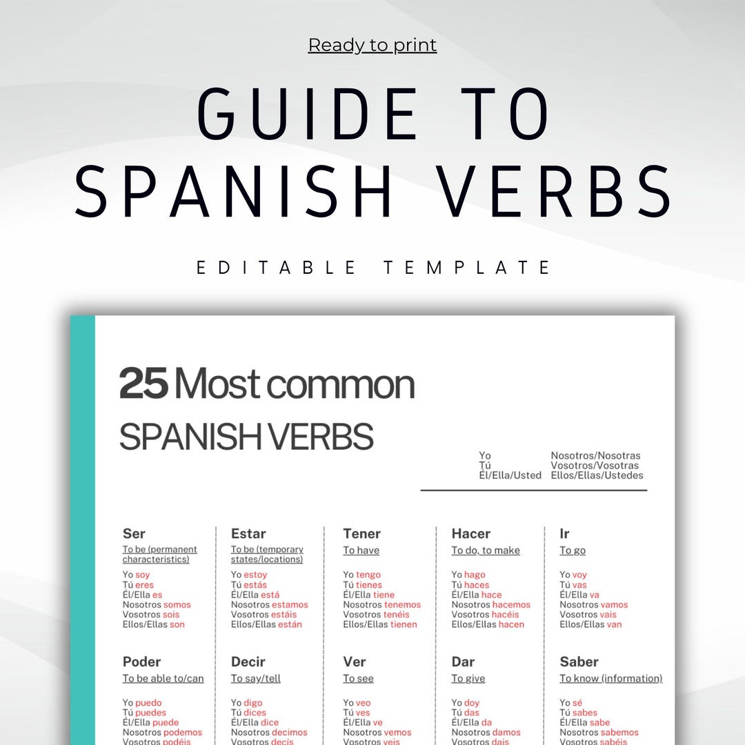 25 Most Common Spanish Verbs Conjugation Template | A4 and PDF to Print ...