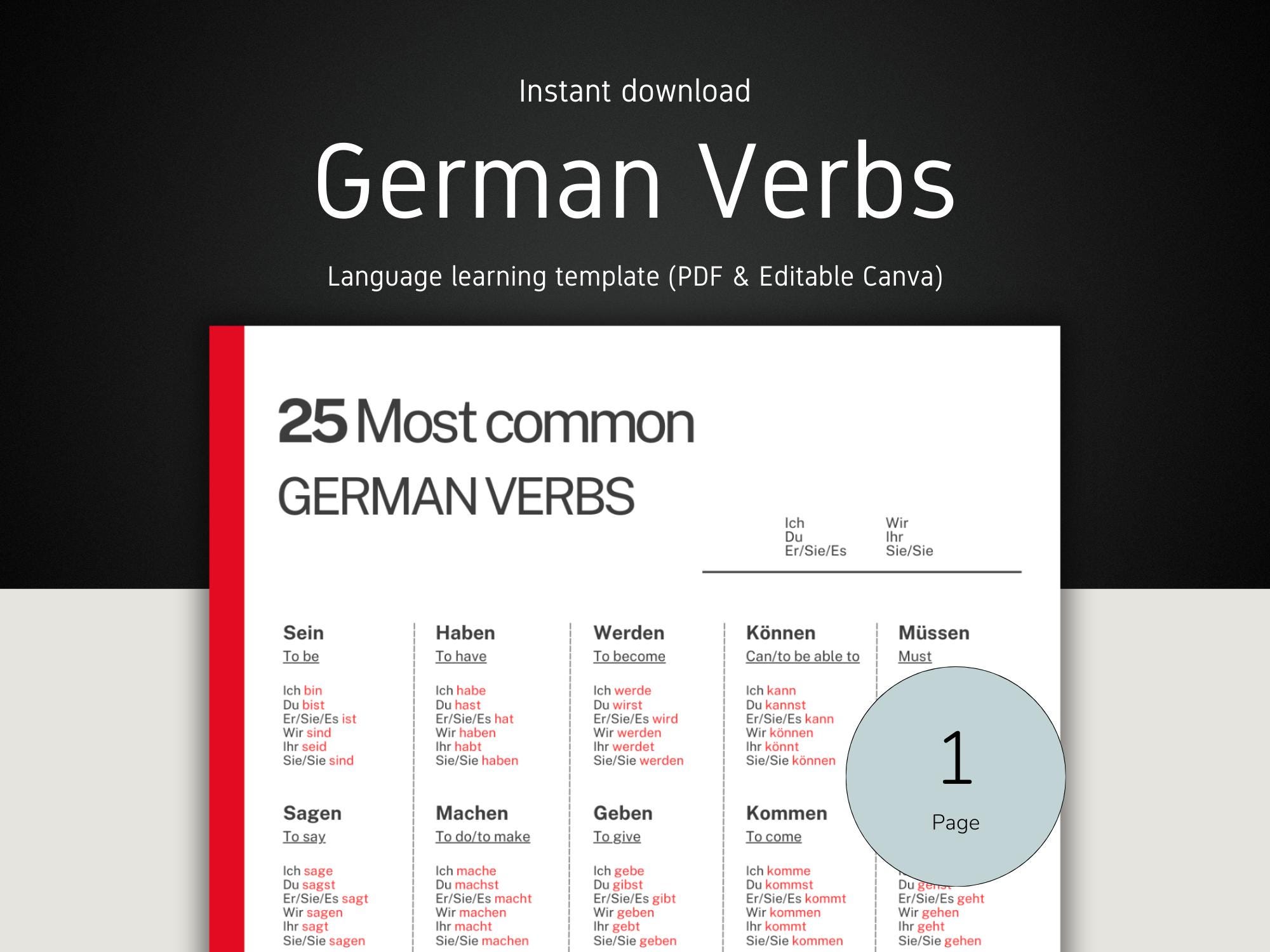German Verb Conjugation Chart: Beginner German Study Guide (printable ...