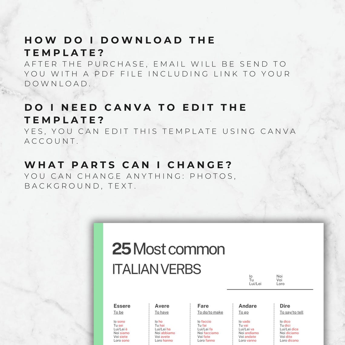 25 Most Common Italian Verbs Conjugation Template, Printable PDF With ...