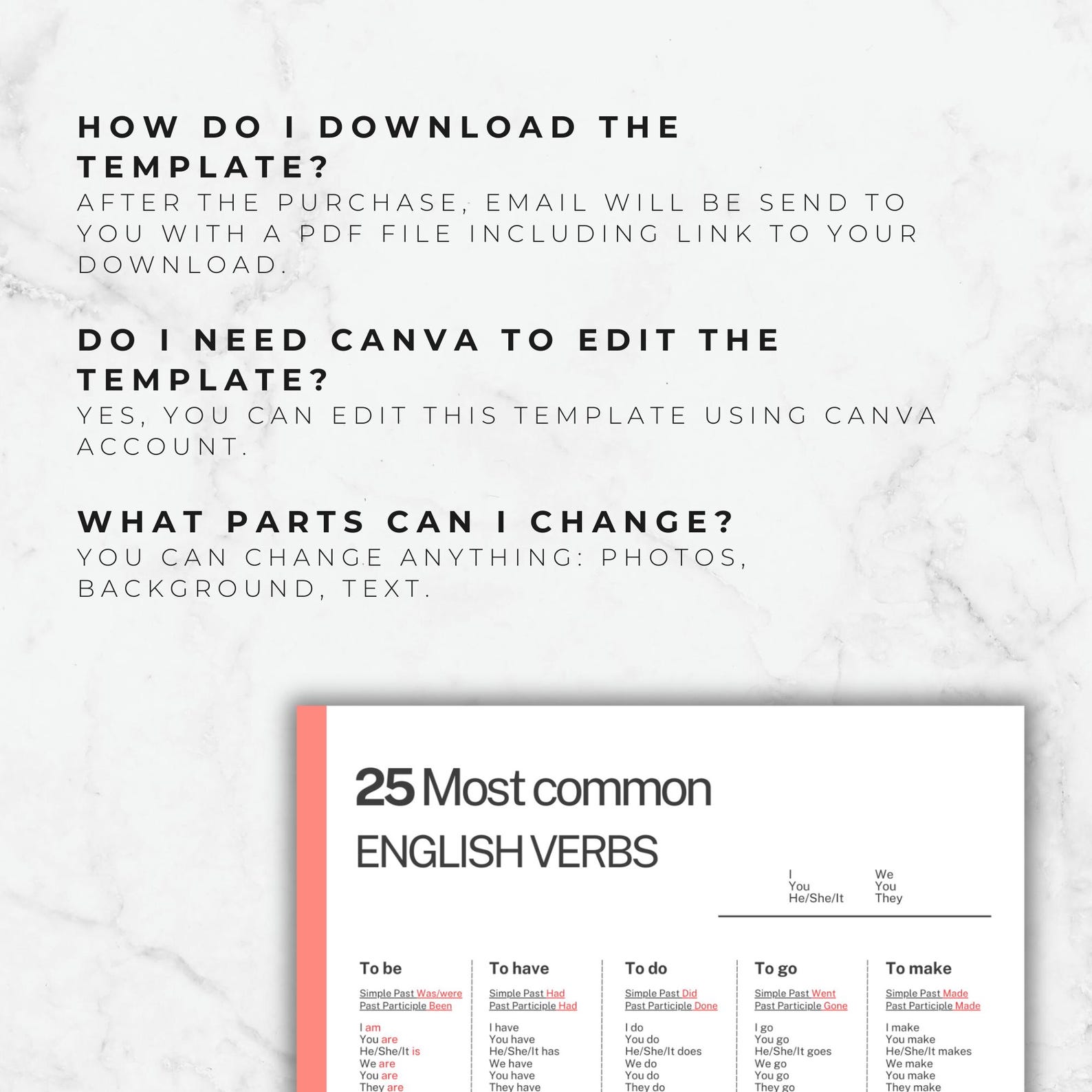 25 Most Common English Verbs Conjugation Template | A4 and PDF to Print ...
