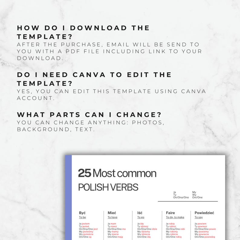25 Most Common Polish Verbs Conjugation Template | A4 and PDF to Print ...