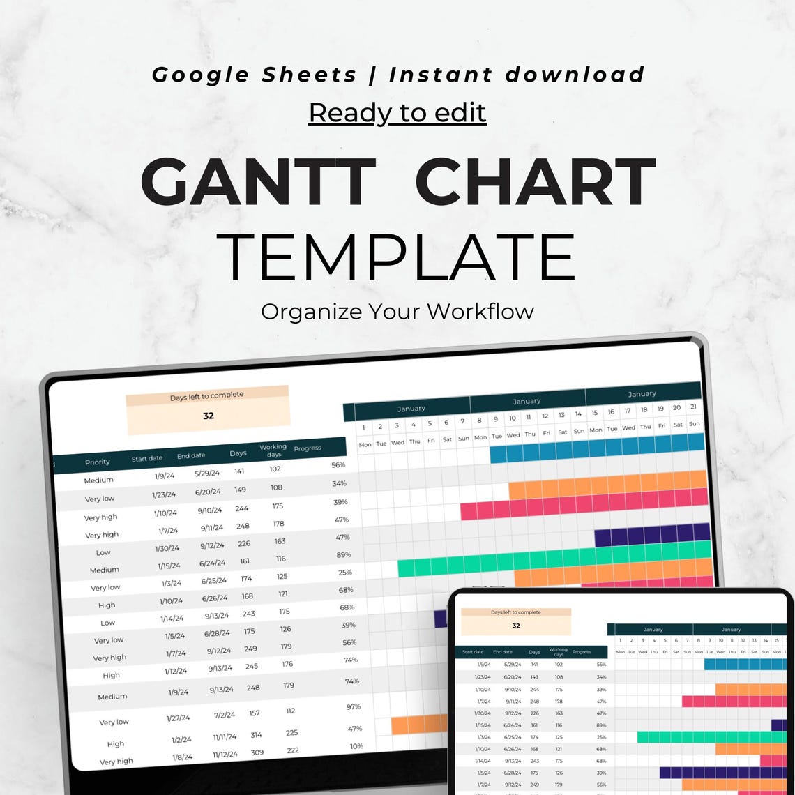 Gantt Chart for Google Sheets Excel Spreadsheet Project Planner Project Management, Project ...