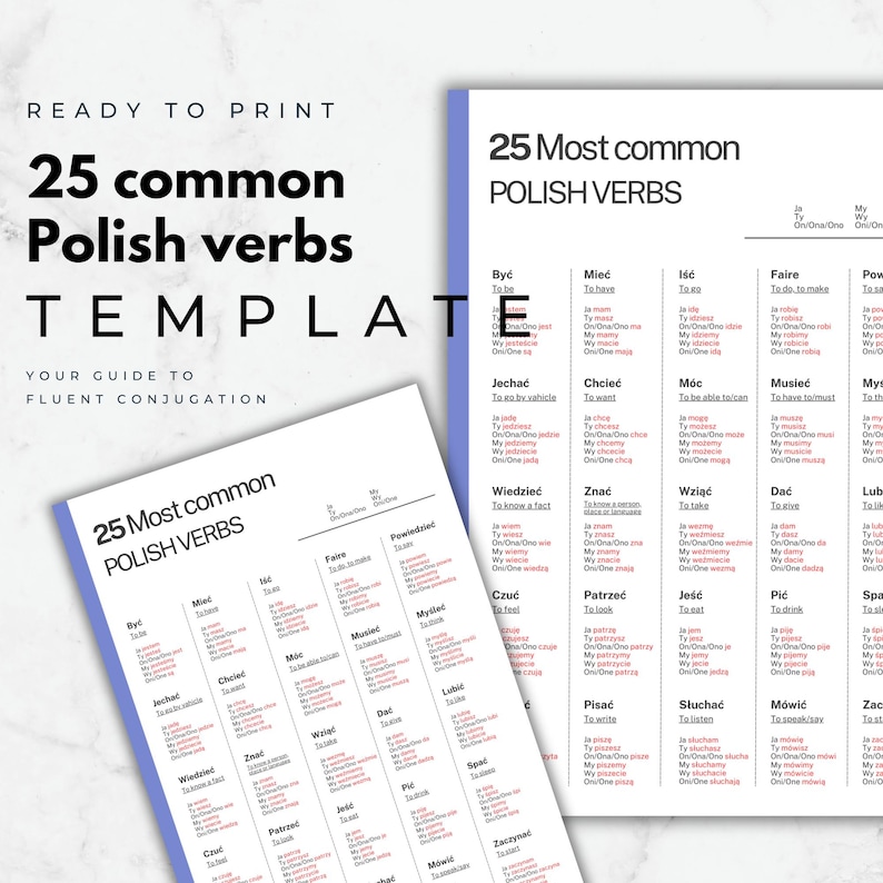 25 Most Common Polish Verbs Conjugation Template | A4 and PDF to Print ...