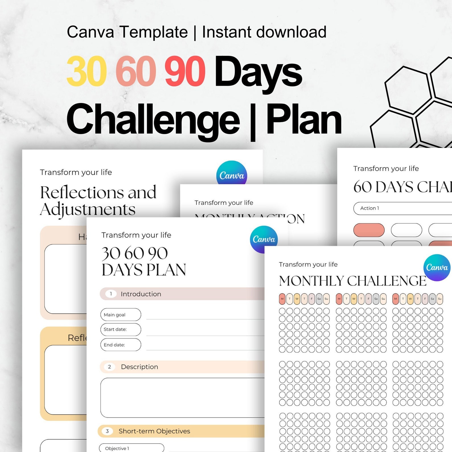 30 60 90 Days Challenge Template: Editable Canva Day Plan for Goals ...