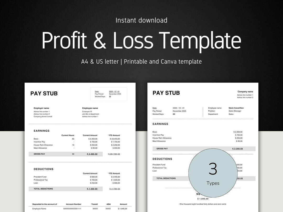 Profit and Loss Statement Template | Canva P&L Form (digital Download ...