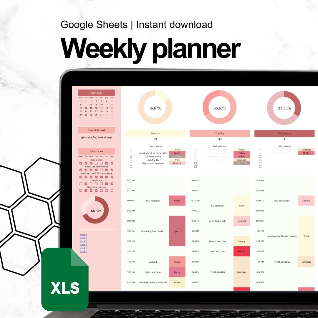 Weekly Planner Template Red, Digital Annual Calendar, Google Sheets ...