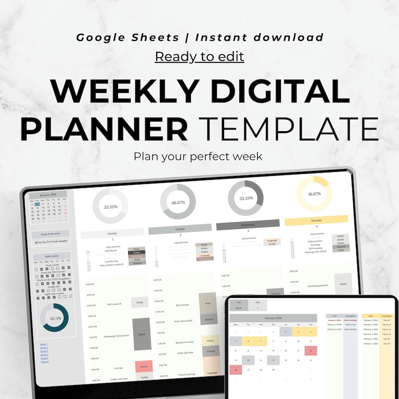 Weekly Planner Template 2025 Gray, Digital Annual Calendar, Google ...