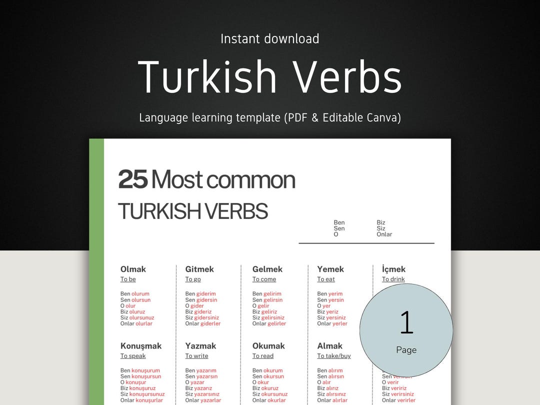 Turkish Verbs Cheat Sheet: Beginner Language Study Guide (printable PDF ...