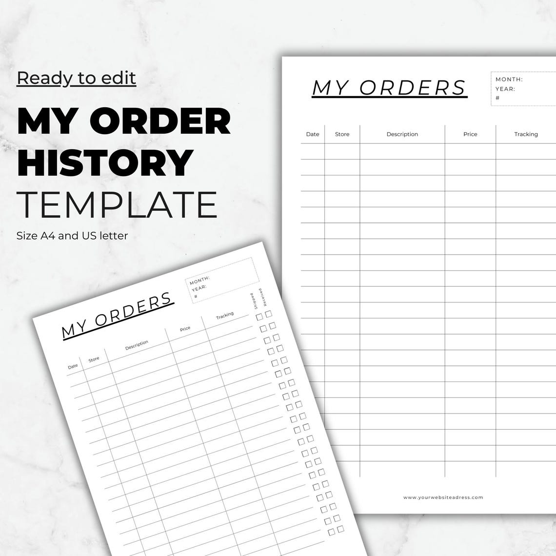 Order History Tracker Template: Printable Purchase Log (A4, US Letter ...