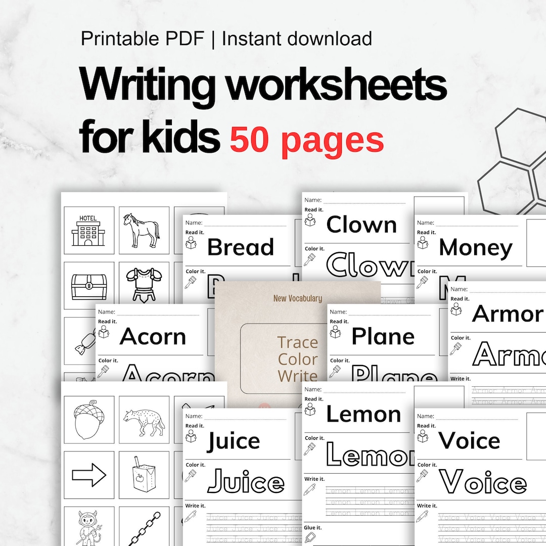 Preschool Pre-k Kindergarten Words Learning Workskeets 50 Pages ...