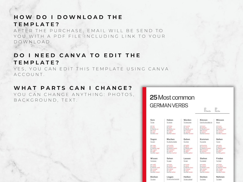 German Verb Conjugation Chart: Beginner German Study Guide (printable ...