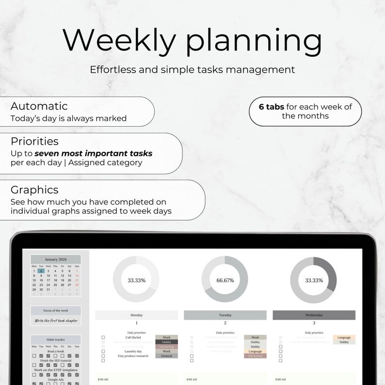Weekly Planner Template 2025 Gray, Digital Annual Calendar, Google ...