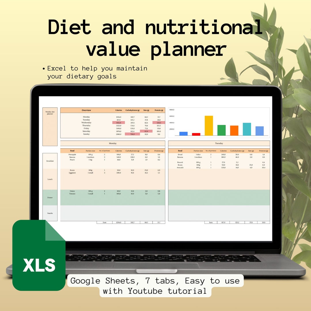 Weekly Diet Planner Excel Google Sheets Weekly Planner - Etsy