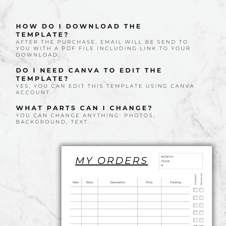 Order History Tracker Template: Printable Purchase Log (A4, US Letter ...
