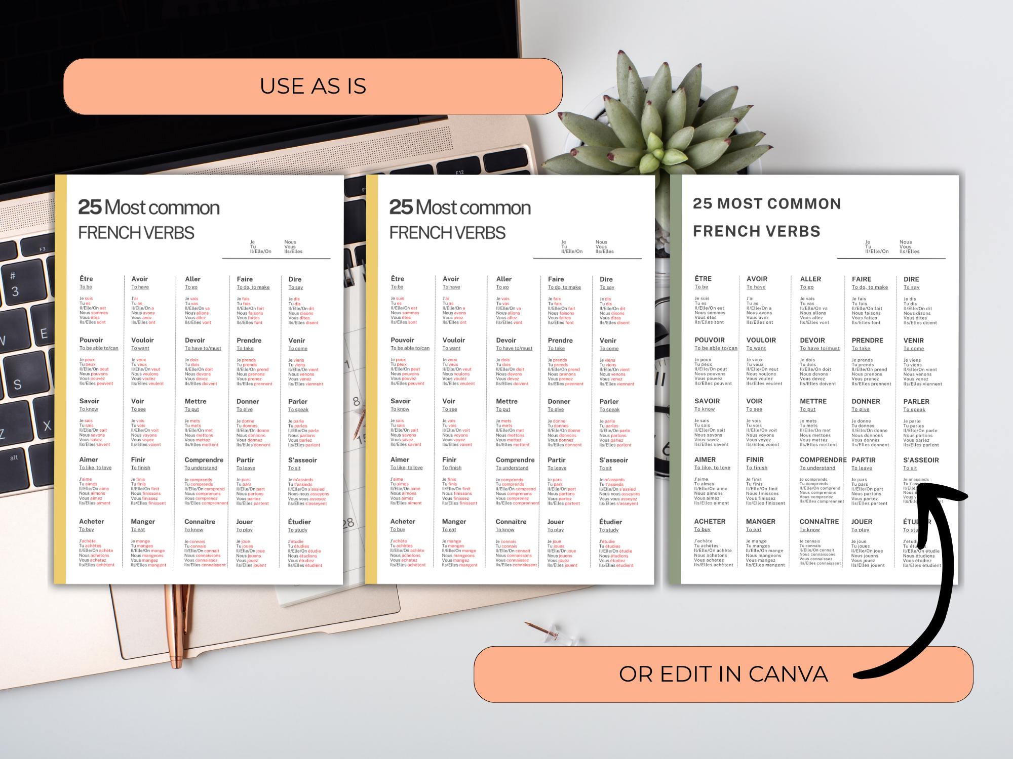 French Verb Conjugation Chart: Language Learning Printable (PDF ...