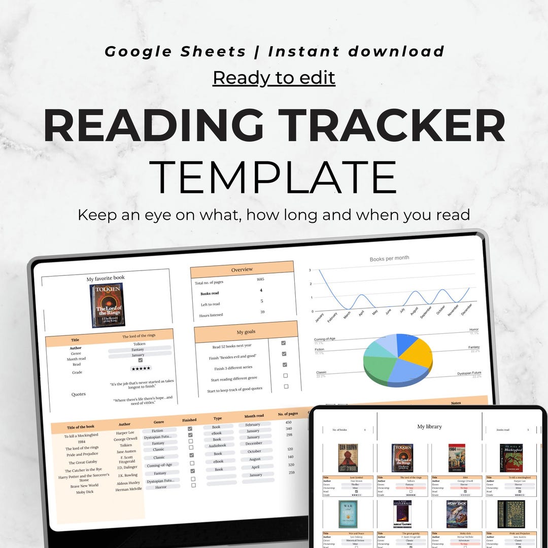 Book Tracker Reading List Spreadsheet for Google Sheets Excel, Book ...