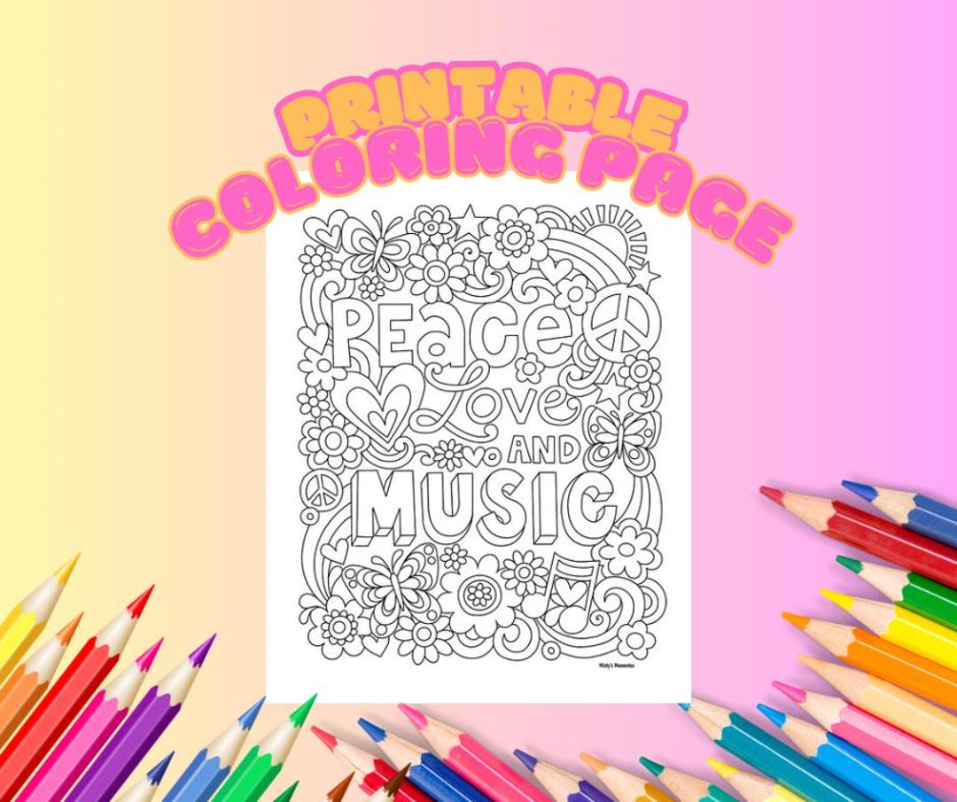 Peace Love & Music Coloring Page, Retro Coloring Page, Adult Coloring ...