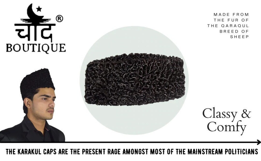 Men's Black Karakul Hat, Indian Kashmiri Jinnah Fur Cap for Winter ...