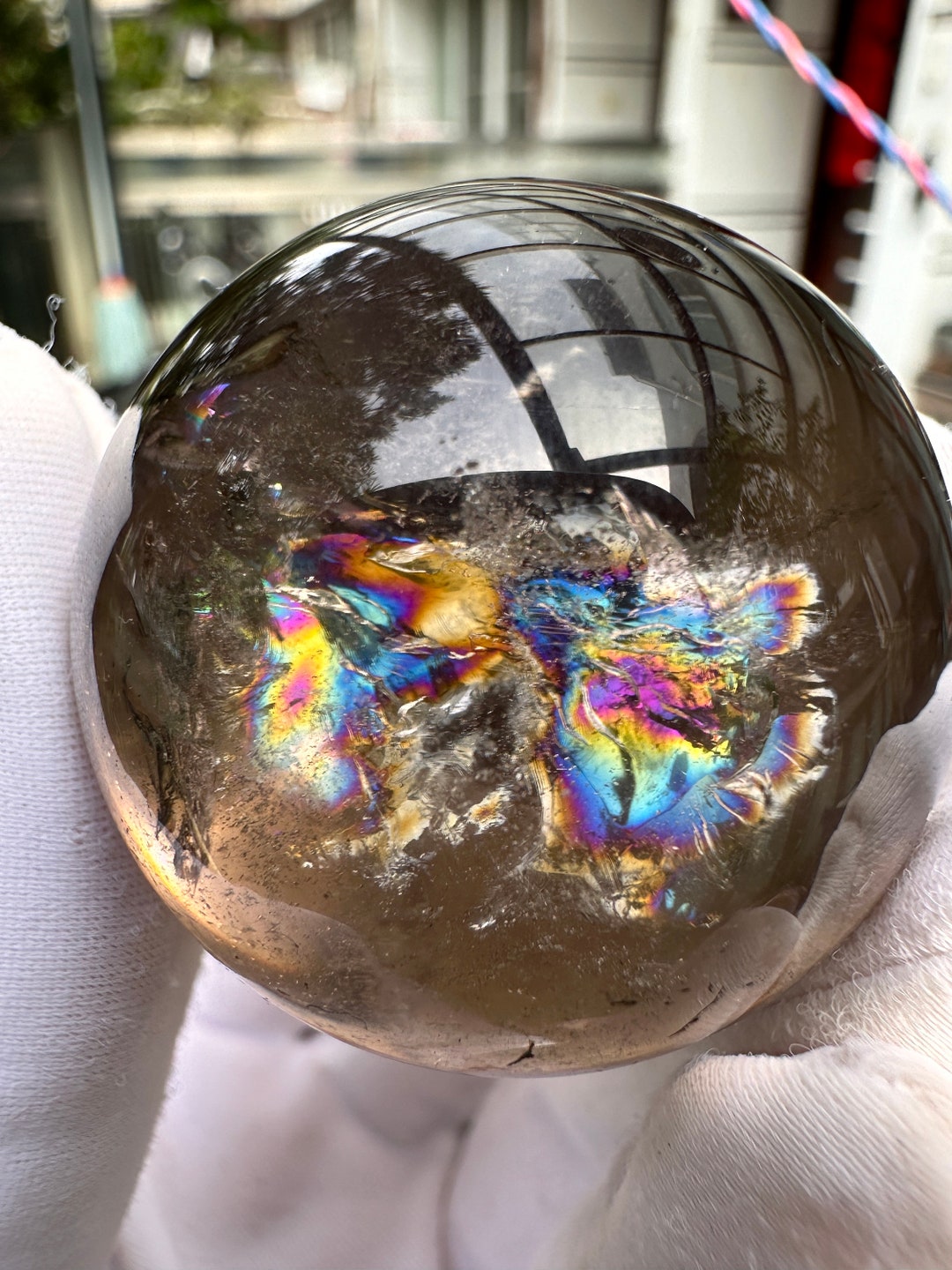 38.9mm Mystical Tibetan Himalayan Rainbow Light Smoky Quartz Sphere ...