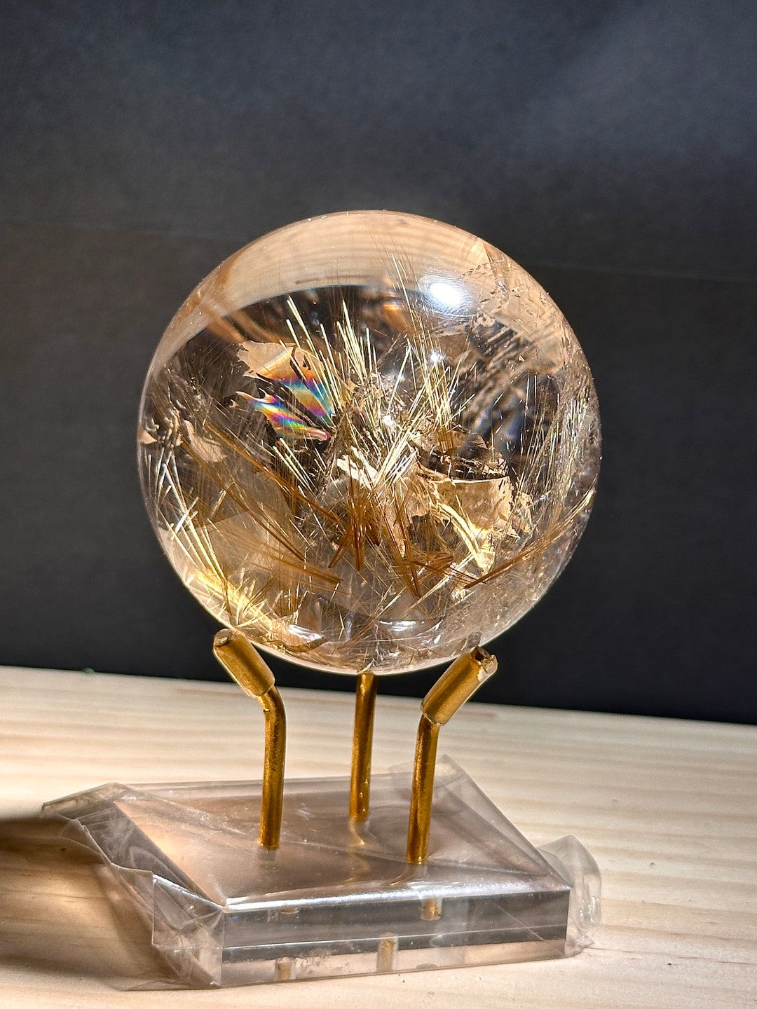 62mm Natural Rare Golden Rutilated Quartz Sphere From Brazil, Rainbow ...