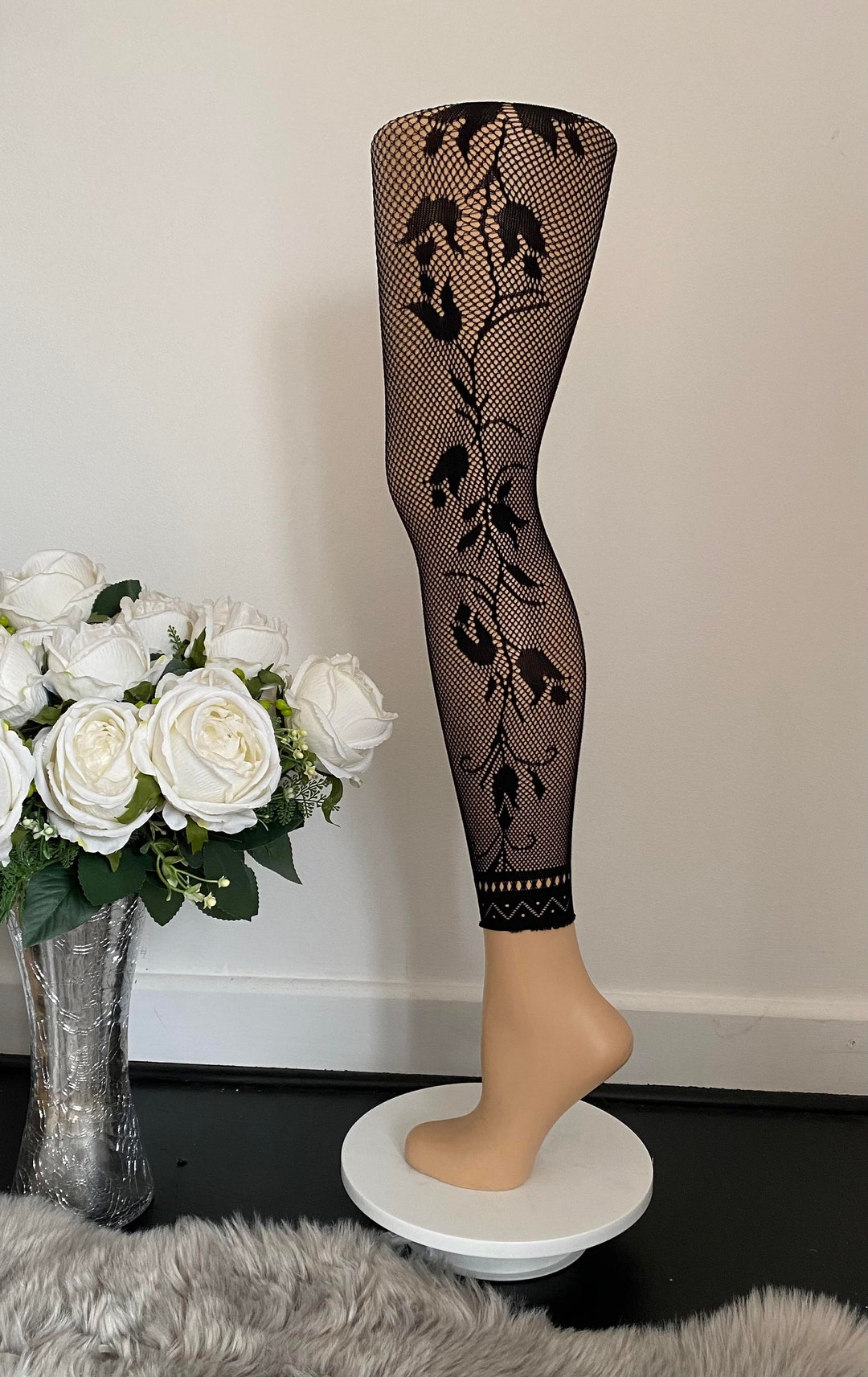 Women's Girls Fishnet Patterned Vintage Black Side Tattoo Pattern ...