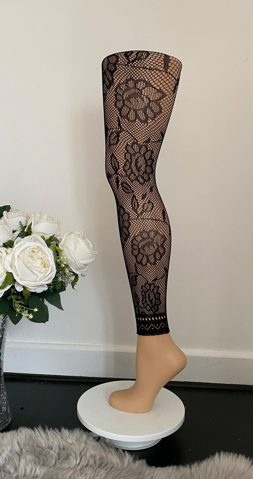 New Fishnet Patterned Vintage Black Flower Pattern Footless Tights so Soft, One Size Will Fit up ...