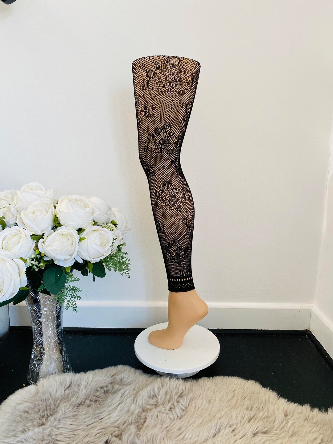 New Fishnet Patterned Vintage Black Flower Pattern Footless Tights so Soft, One Size Will Fit up ...
