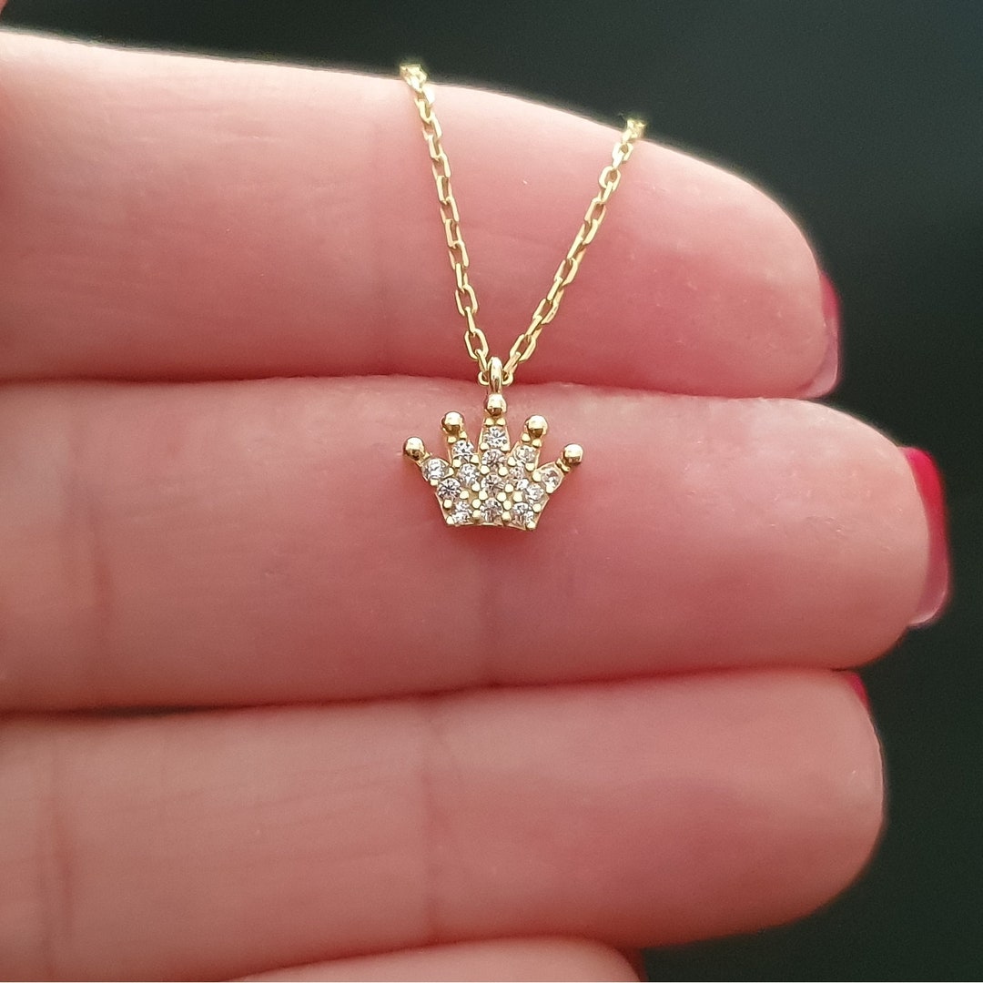 10k 14k 18k Solid Gold Tiny Crown Necklace, Real Gold Queen Crown ...