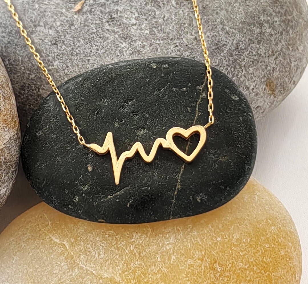 10K 14K 18K Gold Heart Rhythm Necklace, Gold Heart Necklace, ECG Sound ...