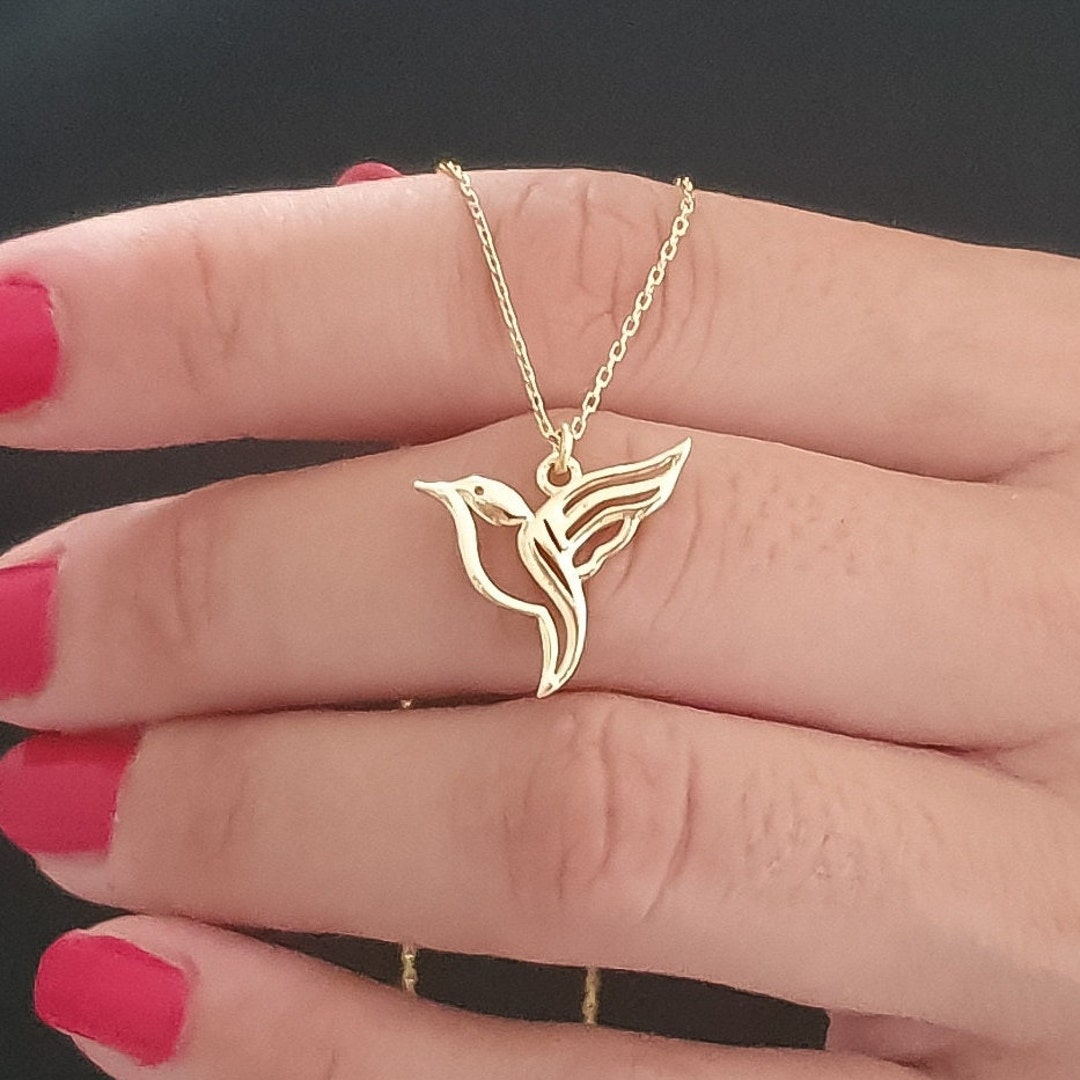10k 14k 18k Solid Gold Hummingbird Necklace, Pigeon Charm Necklace for ...
